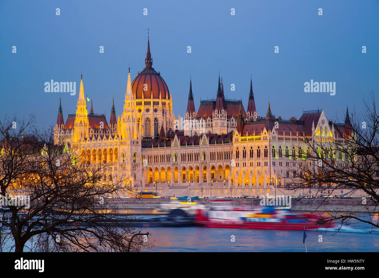 Hungarian Parlament building at night, Neogothic Style, National Assembly. Banks of Danube river ...