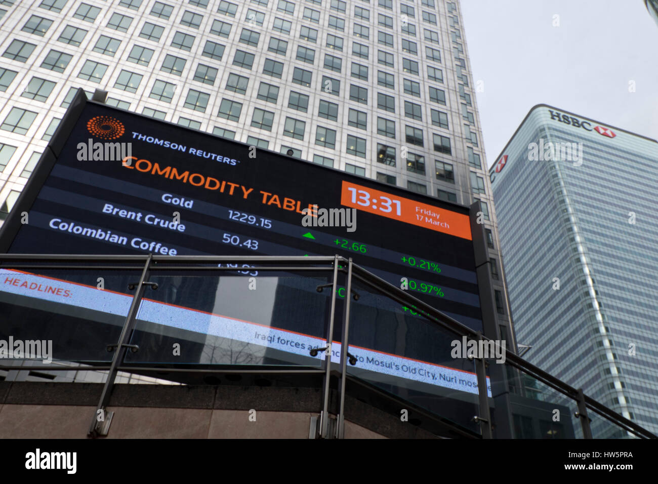 Commodity table updates shown at screen in Canary Wharf,with HSBC bank ...