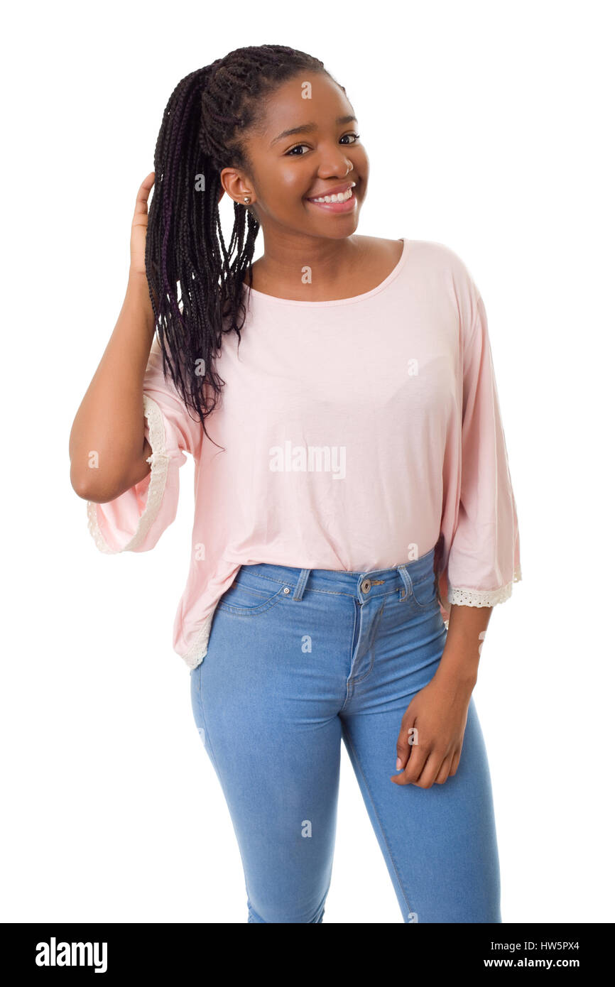Happy african girl isolated on white background Stock Photo - Alamy