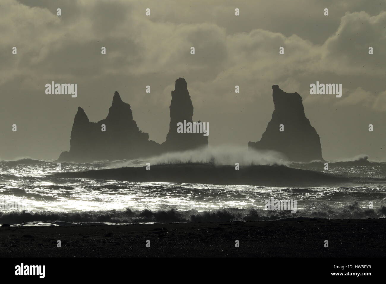 Reynisdrangar Sea Stacks, Iceland waves breaking on Renisfjara beach in ...