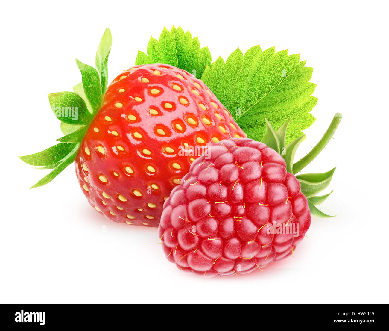 Isolated berries. Strawberry and raspberry fruits isolated on white ...