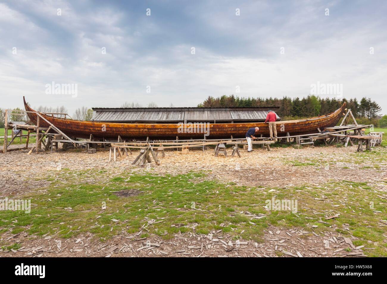 Denmark, Funen, Ladby, Ladby Vikingmuseum, building of traditional ...