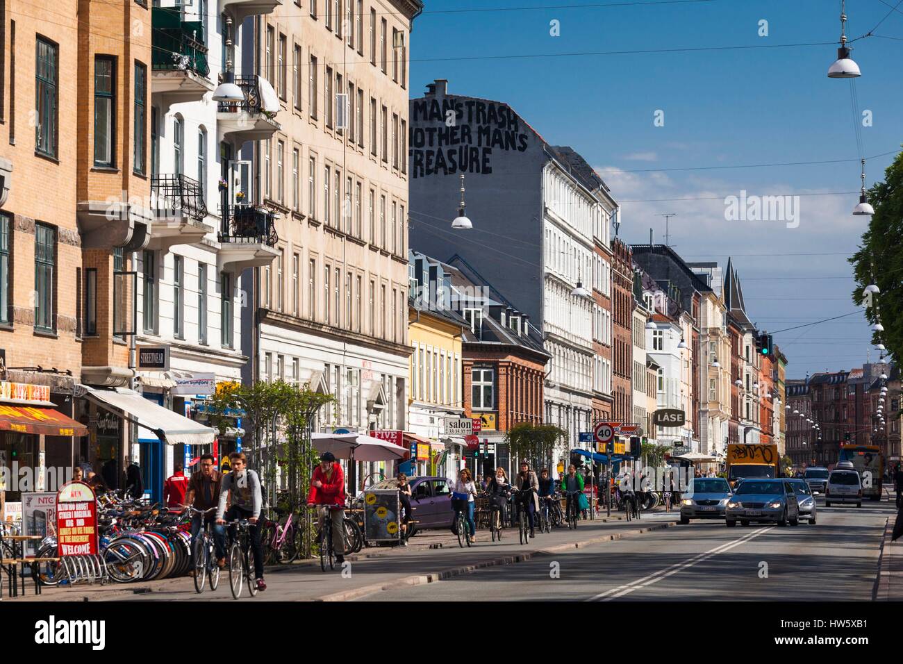 Denmark, Zealand, Copenhagen, Norrebro, Norrebrogade street Stock Photo ...