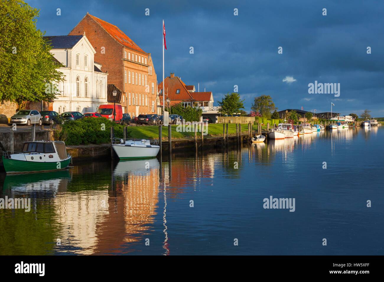 Denmark, Jutland, Ribe, town view from the Ribe River, dawn Stock Photo ...