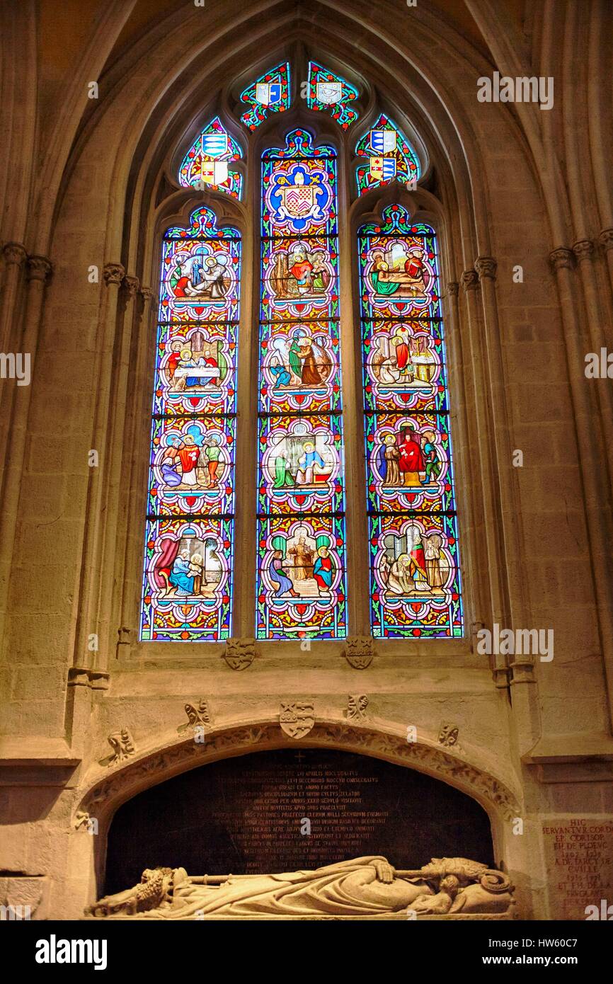 France Finistere Quimper St. Corentin Cathedral Stained glass window of ...