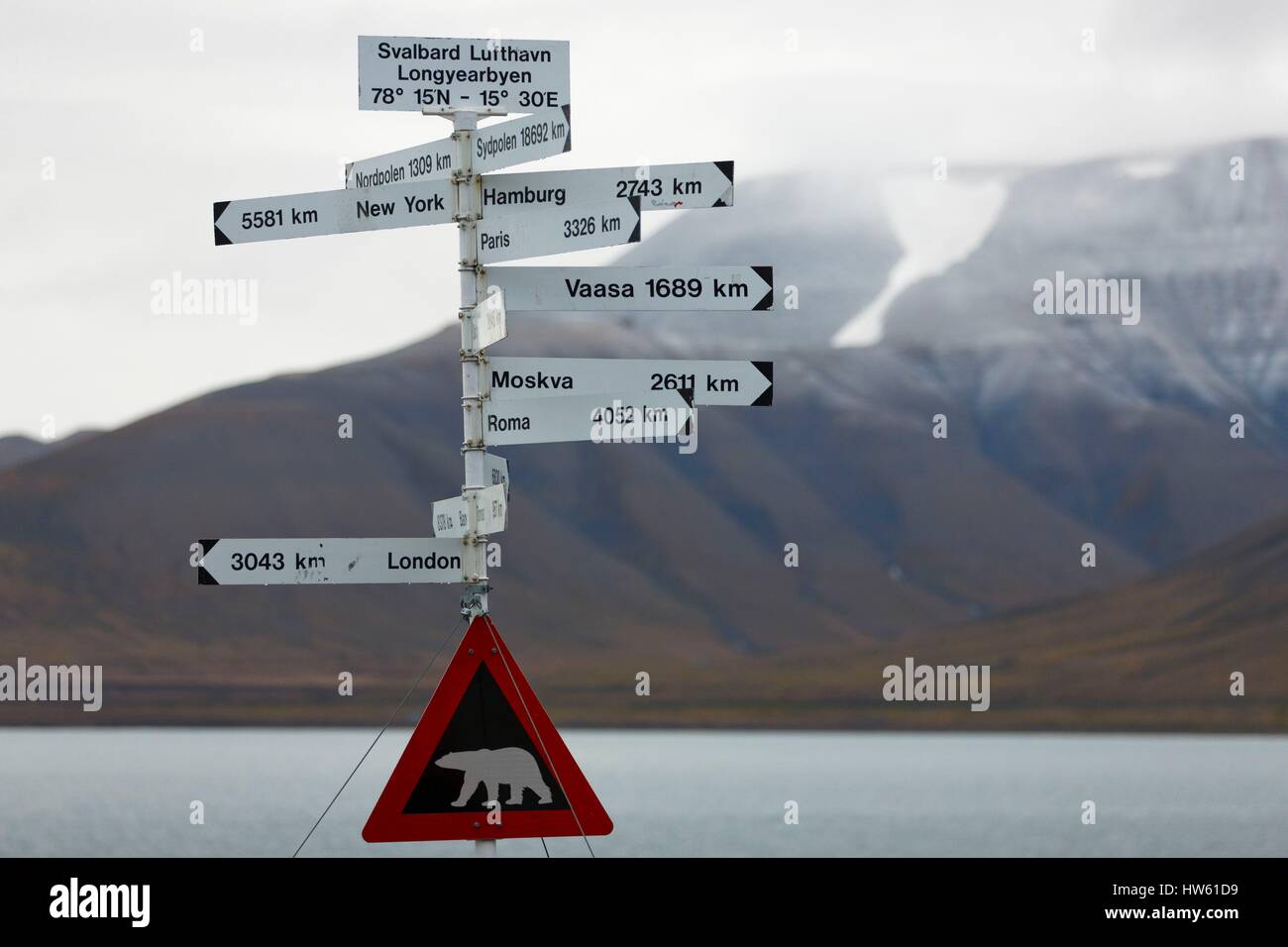 Norway, Svalbard Islands, Spitzberg, Longyearbyen, road signs Stock ...