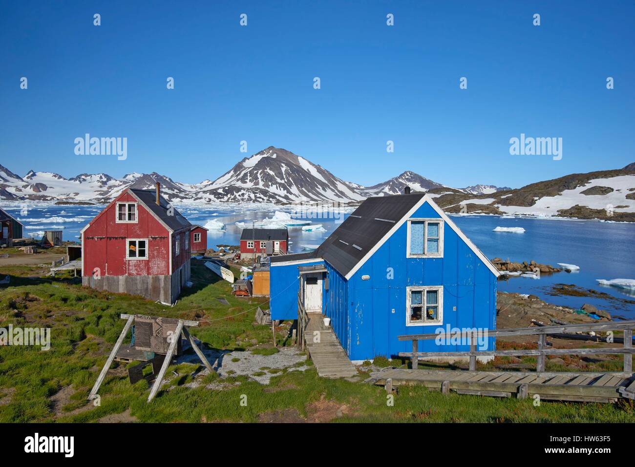 Greenland, Sermersooq, Kulusuk, Inuit village of Kulusuk Stock Photo ...