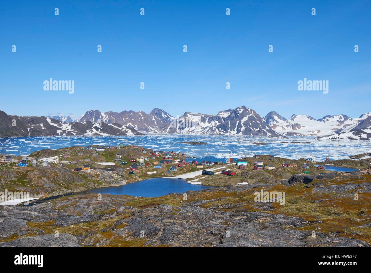 Greenland, Sermersooq, Kulusuk, Inuit village of Kulusuk Stock Photo ...