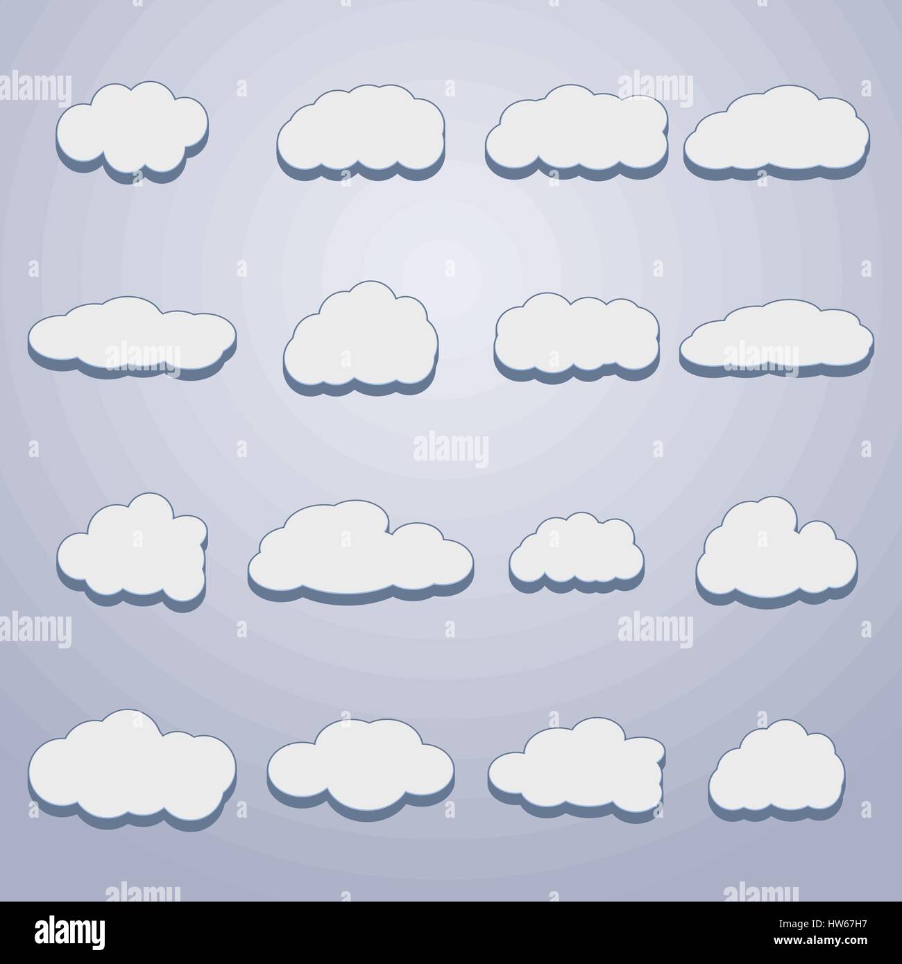 Set of sixteen white clouds of different shapes with 3D effects, vector ...