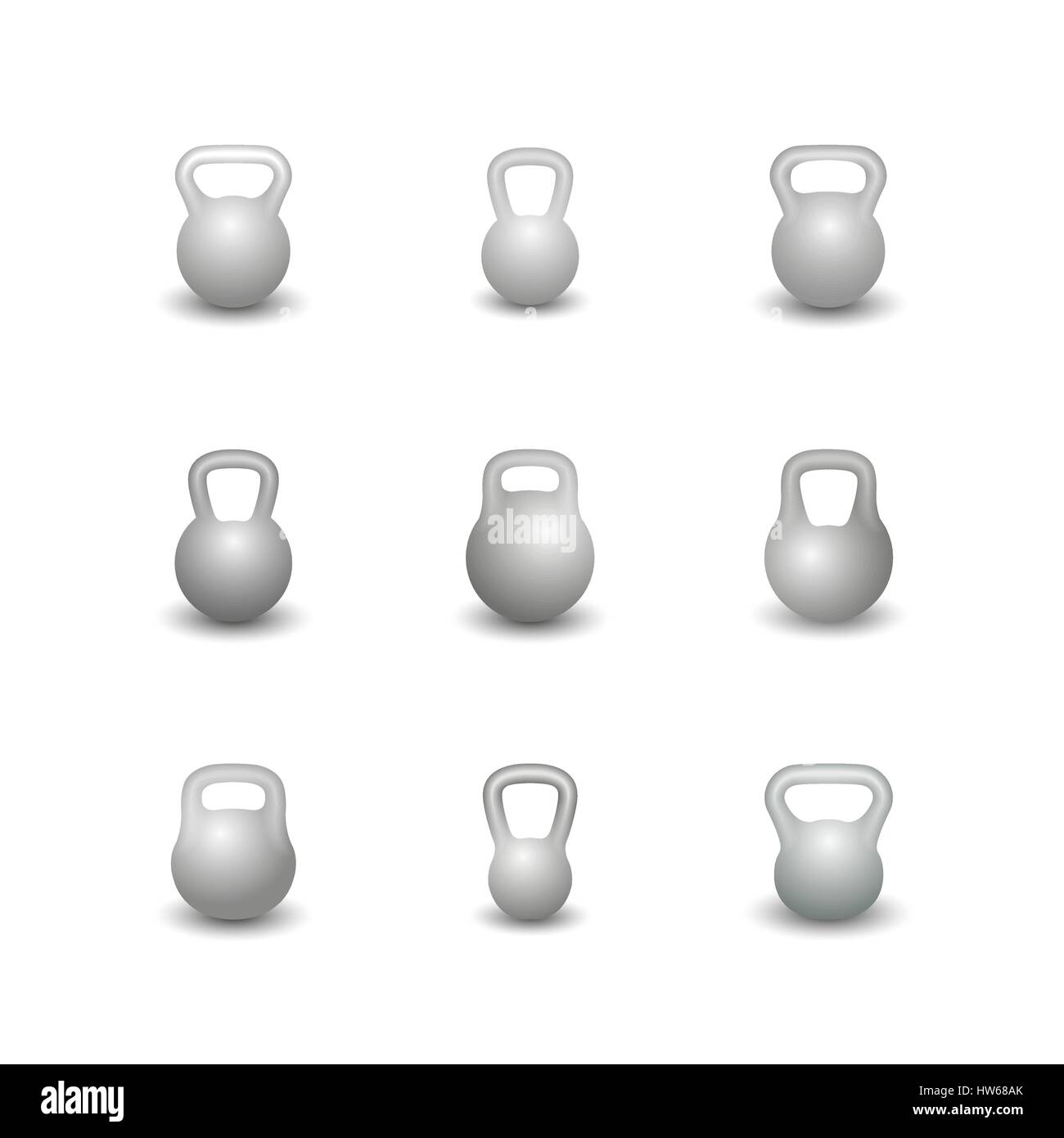 Set of nine realistic kettlebells of different shapes isolated on white background, design ...