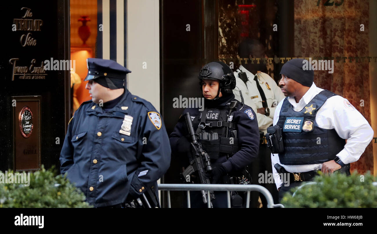 A general view of armed police officers outside Trump Tower in New York ...