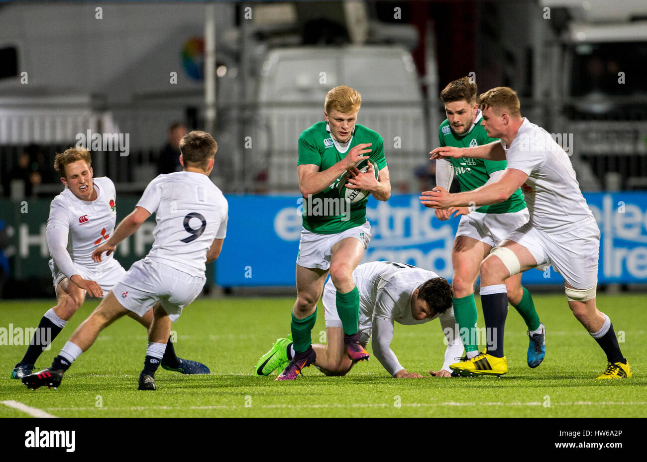 Ireland's Tommy O'Brien runs through the England defence during the U20 ...