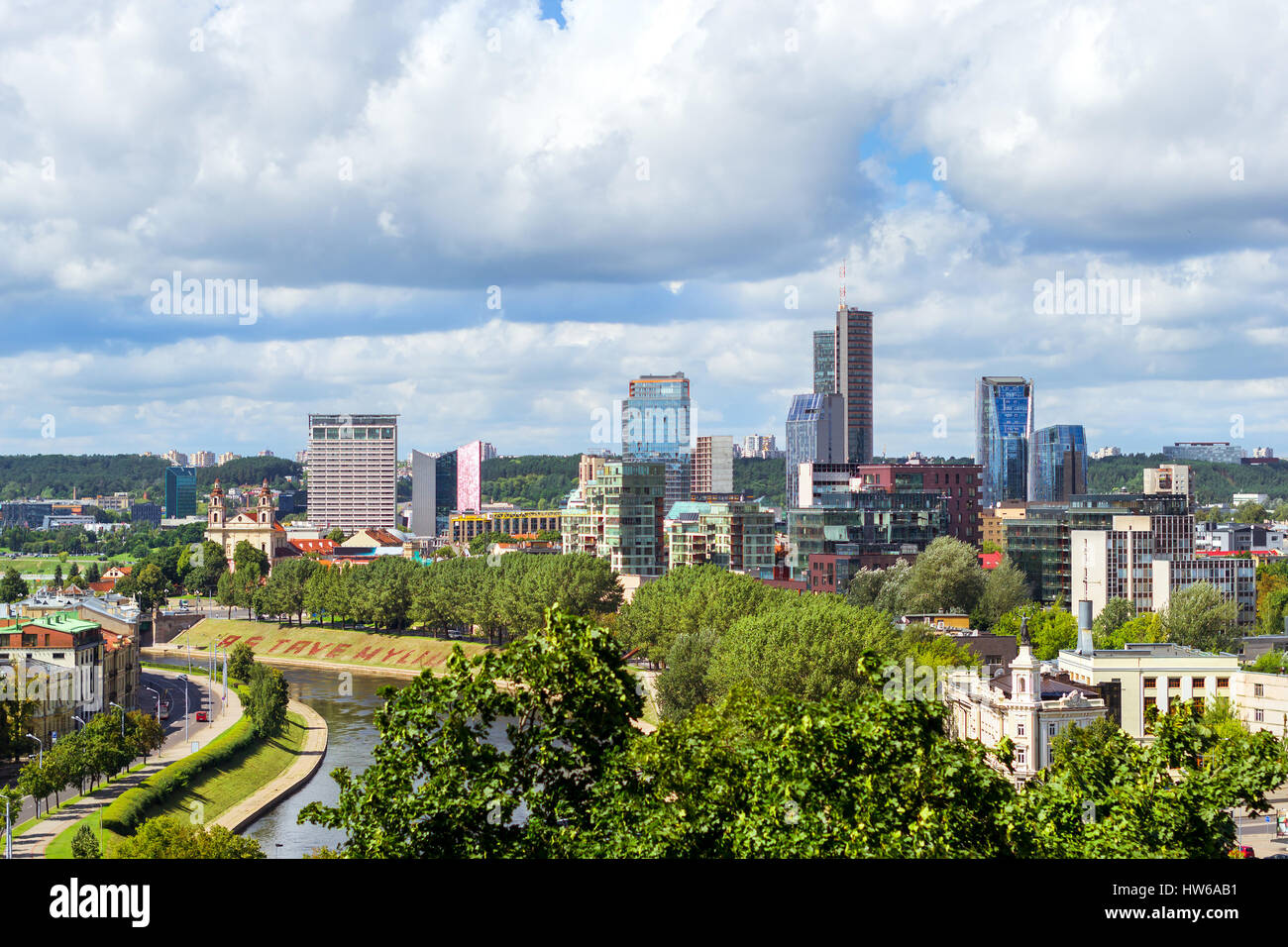 Panorama of Vilnius from top of mountain of Gediminas Tower. Red ...