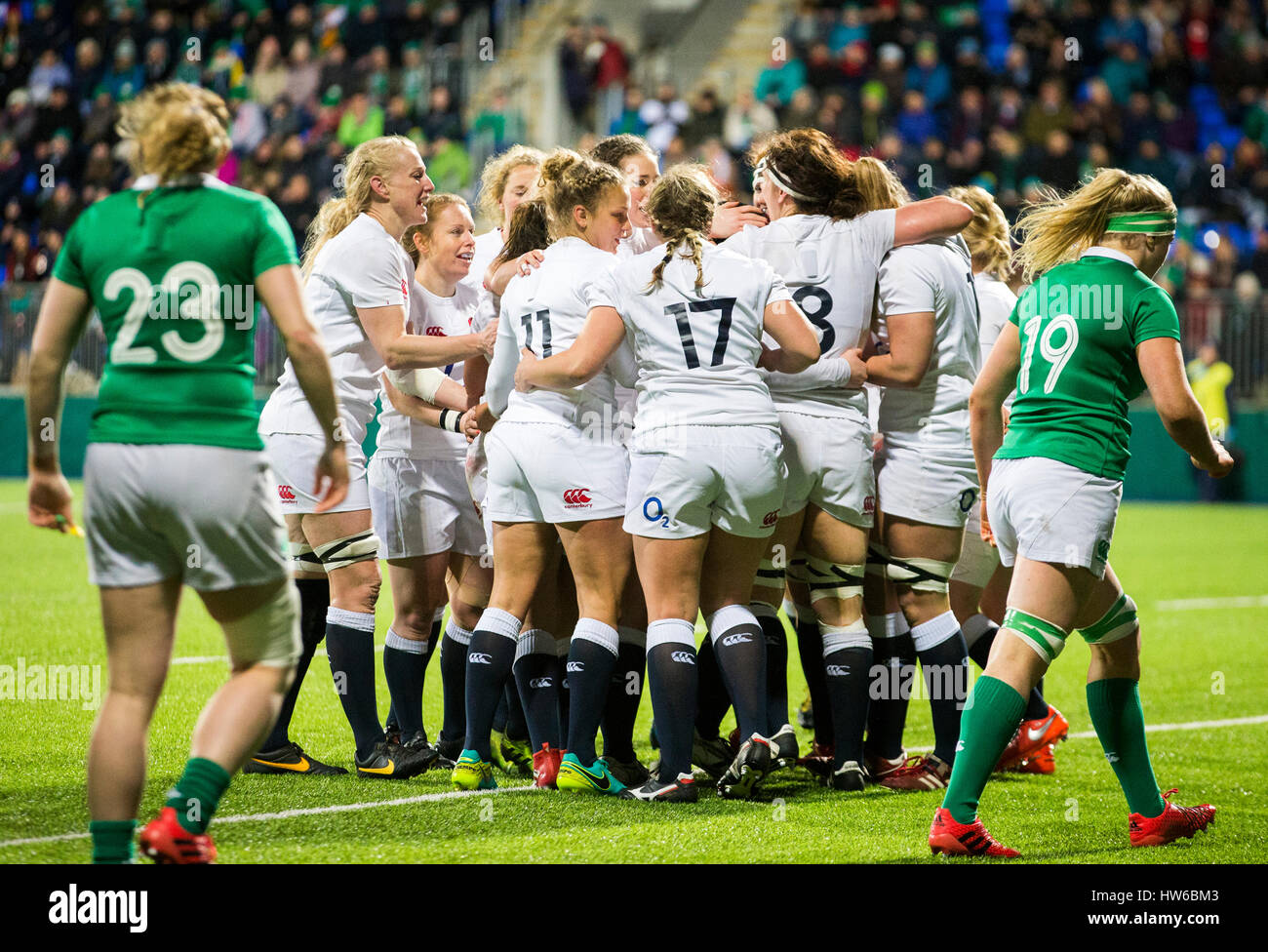 England team mates celebrate Laura Keates' (obscured) try during the ...