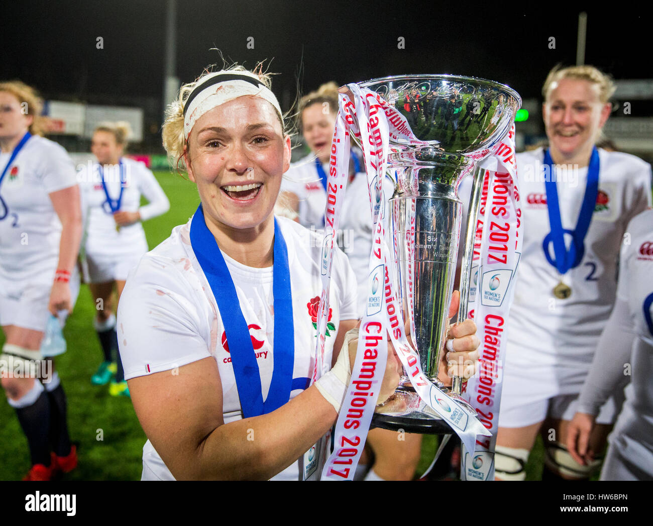 England's Rachael Burford holds the Six Nations trophy as she ...