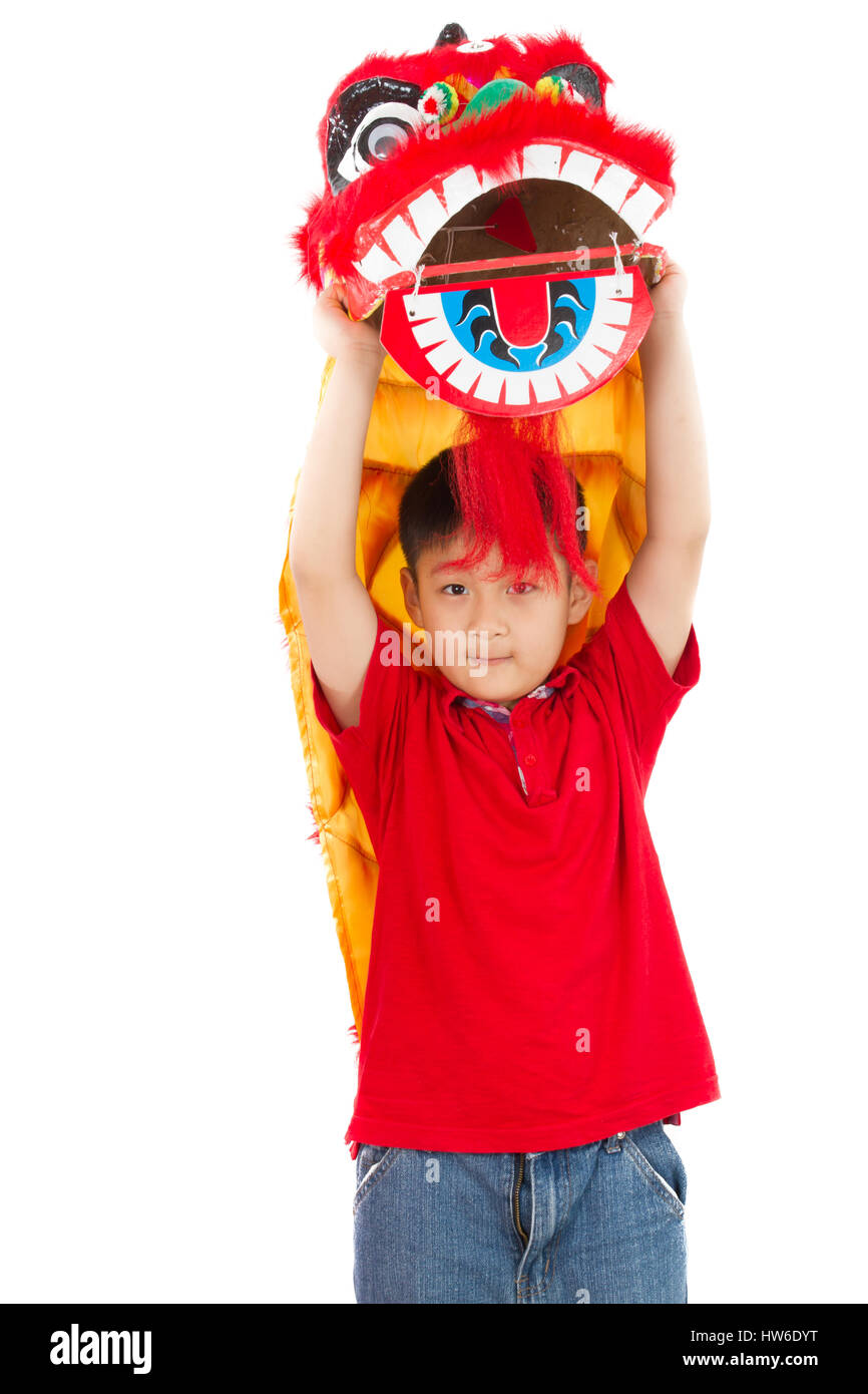 Asian Little Boy in Chinese Lion Custome Dance During Chinese New Year ...
