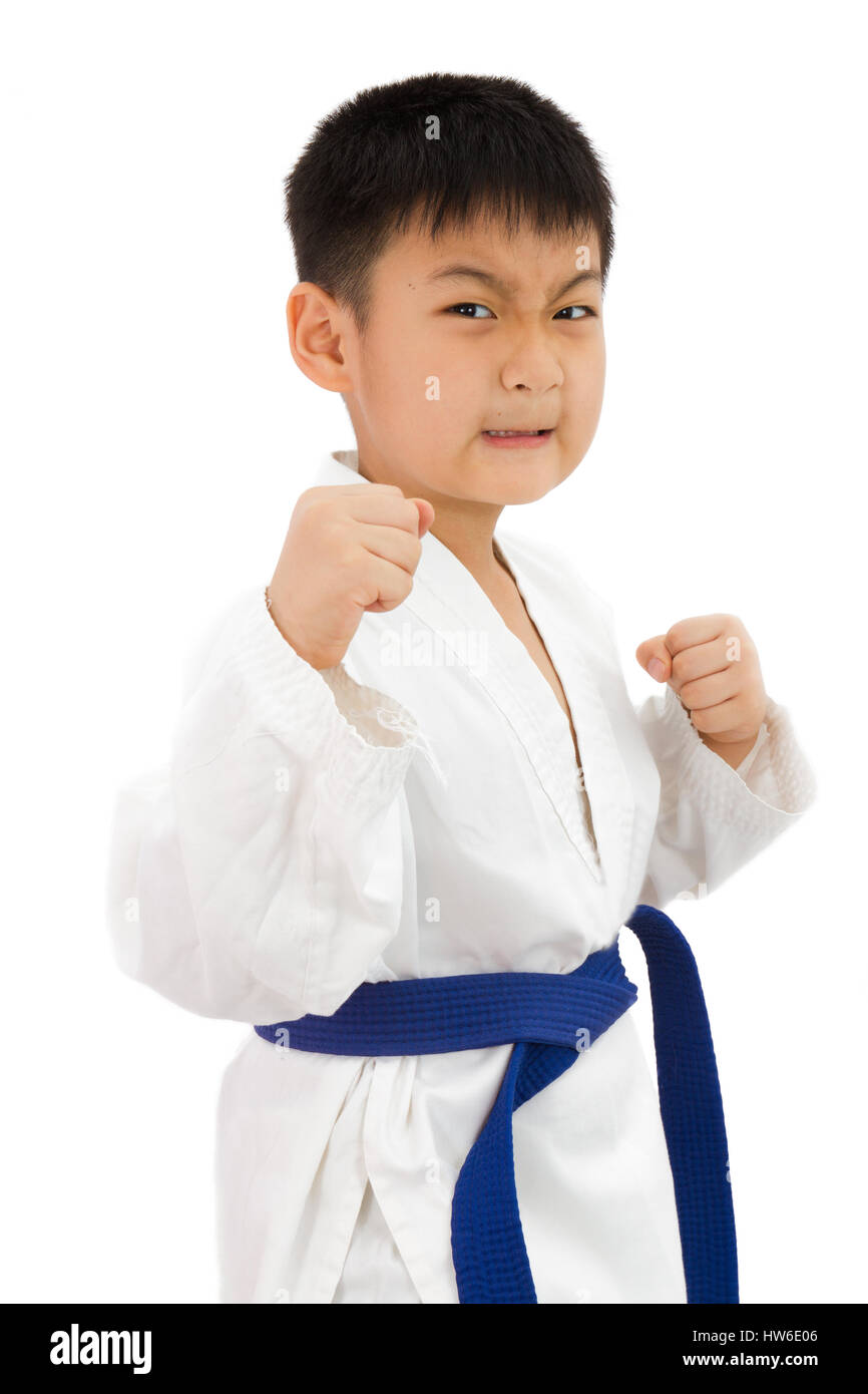 Asian Little Karate Boy in White Kimono on White Background Stock Photo - Alamy