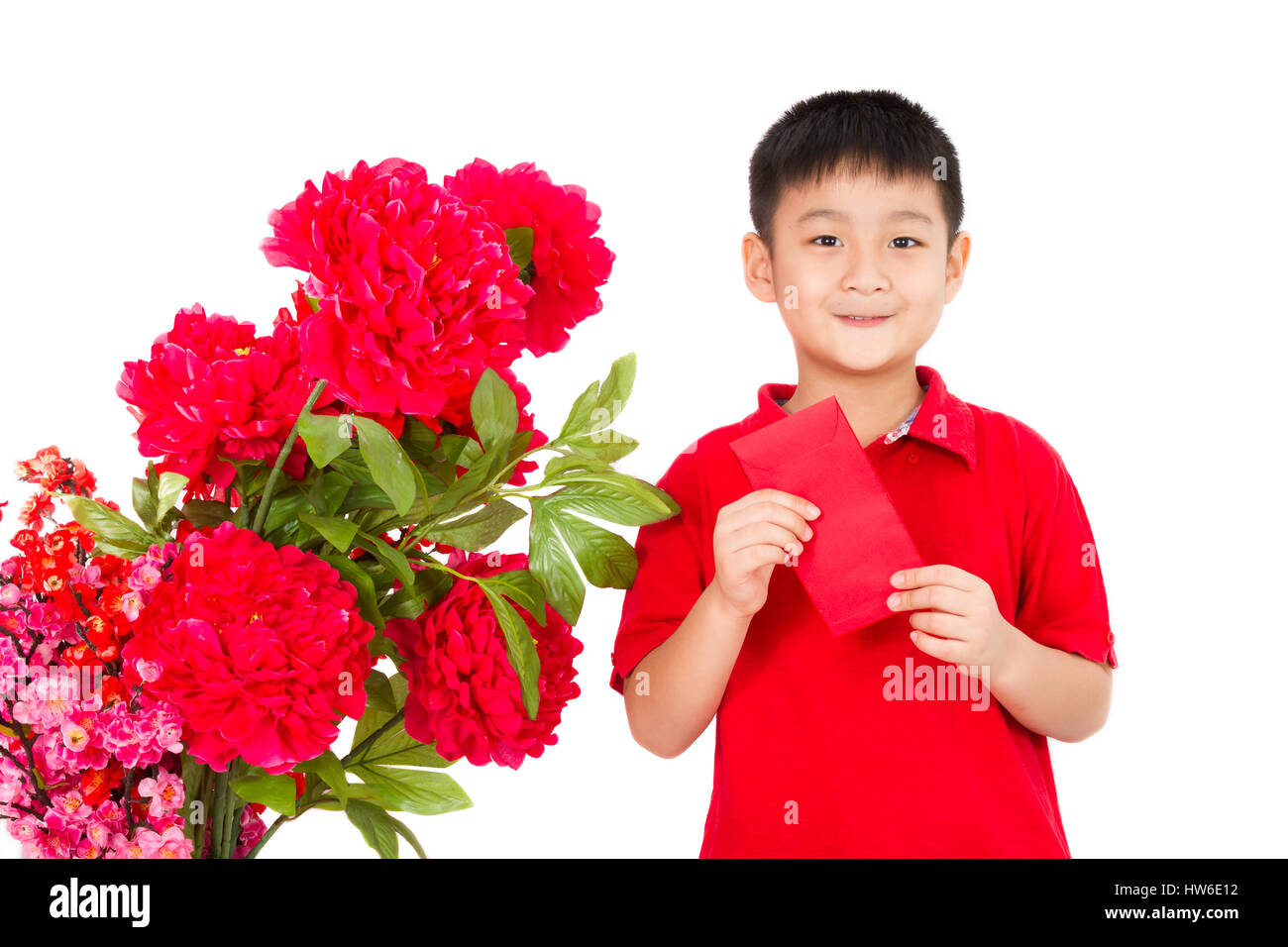 Asian Little Boy Holding a Red Envelope Isolated on White Background ...