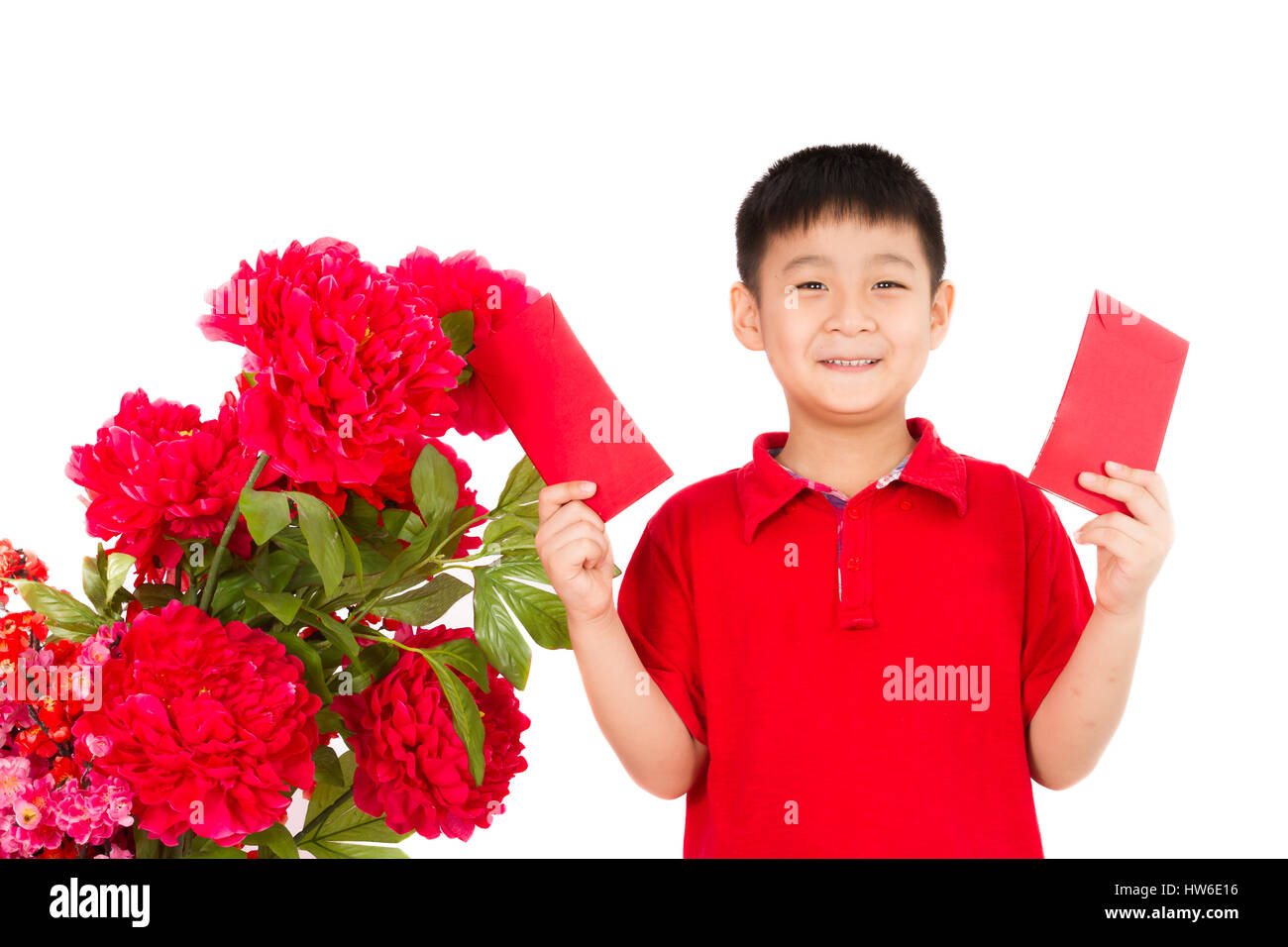 Asian Little Boy Holding a Red Envelope Isolated on White Background ...