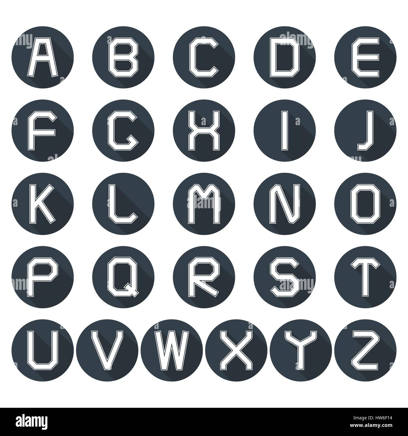 Set of round icons of the Latin alphabet in retro style with long ...