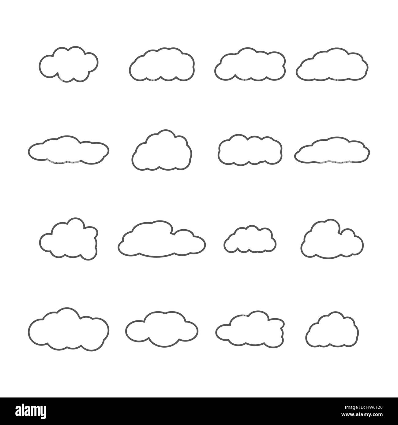Set of sixteen icons clouds contour, different form of thin lines ...