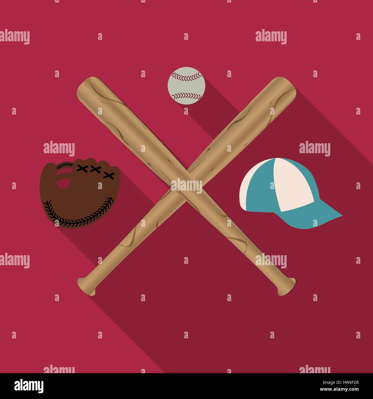 Baseball icon with two wooden baseball bats, cap, glove and Ball, a ...