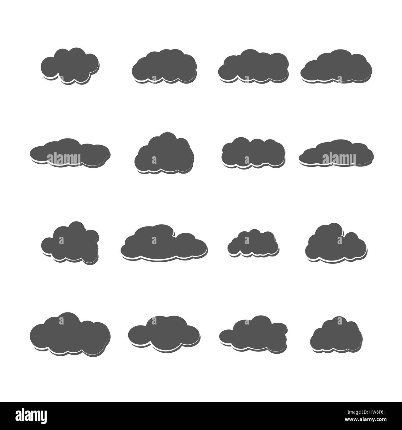 Set of sixteen grey clouds of different shapes isolated on a white ...