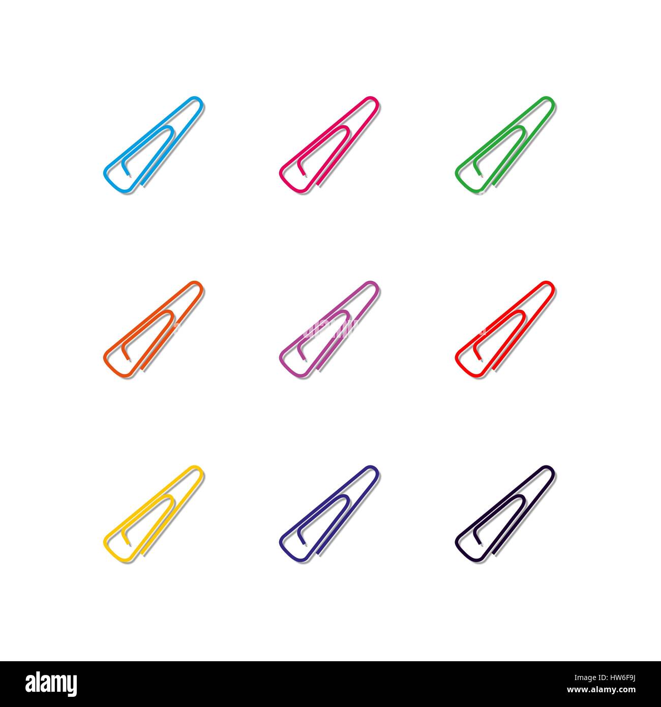 Set of nine multi-colored paper clips with shadow isolated on white ...