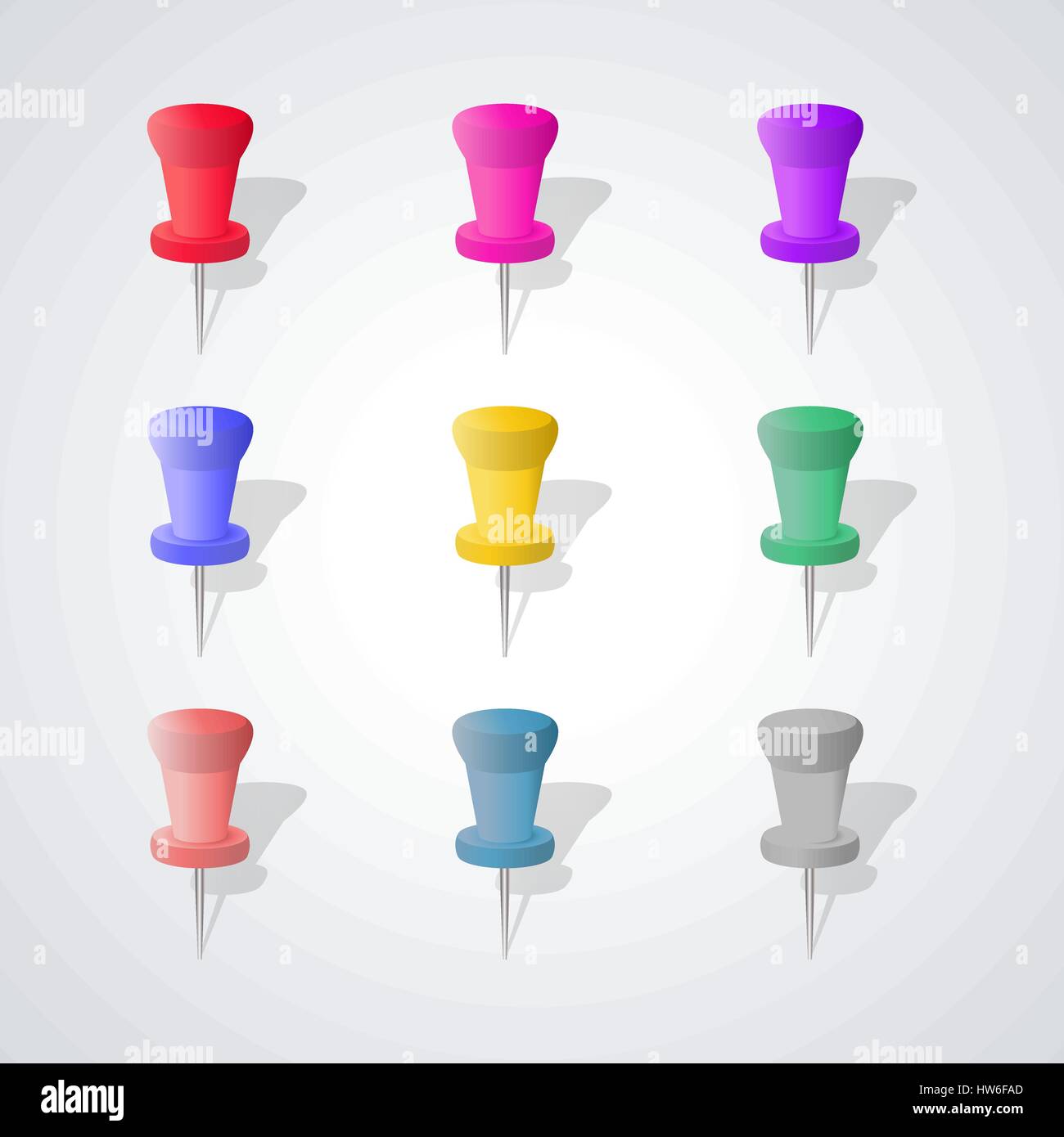 Set of nine colored pushpins with shadow and 3D effect, isolated on ...