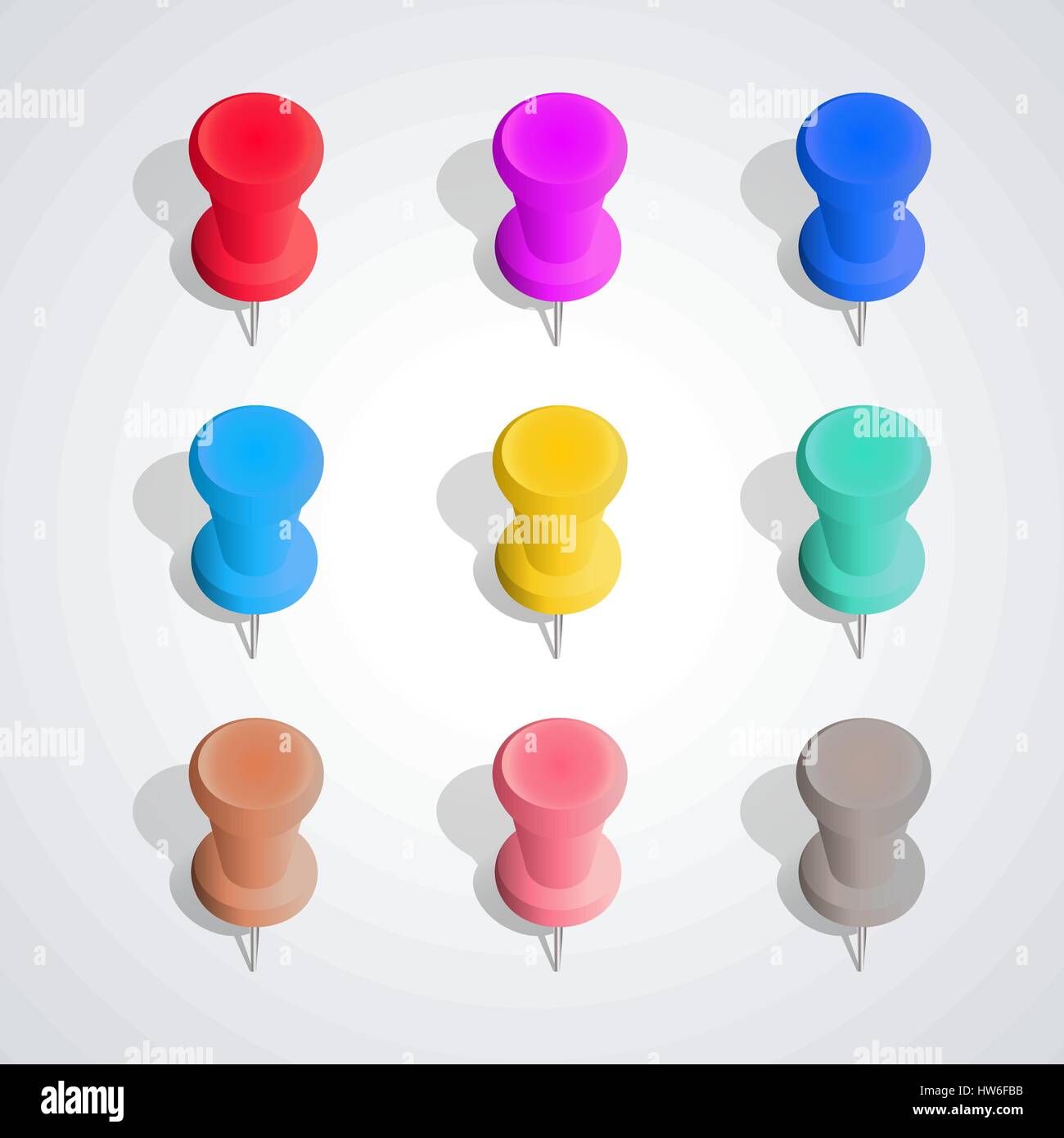 Set of nine colored pushpins with shadow and 3D effect, isolated on ...