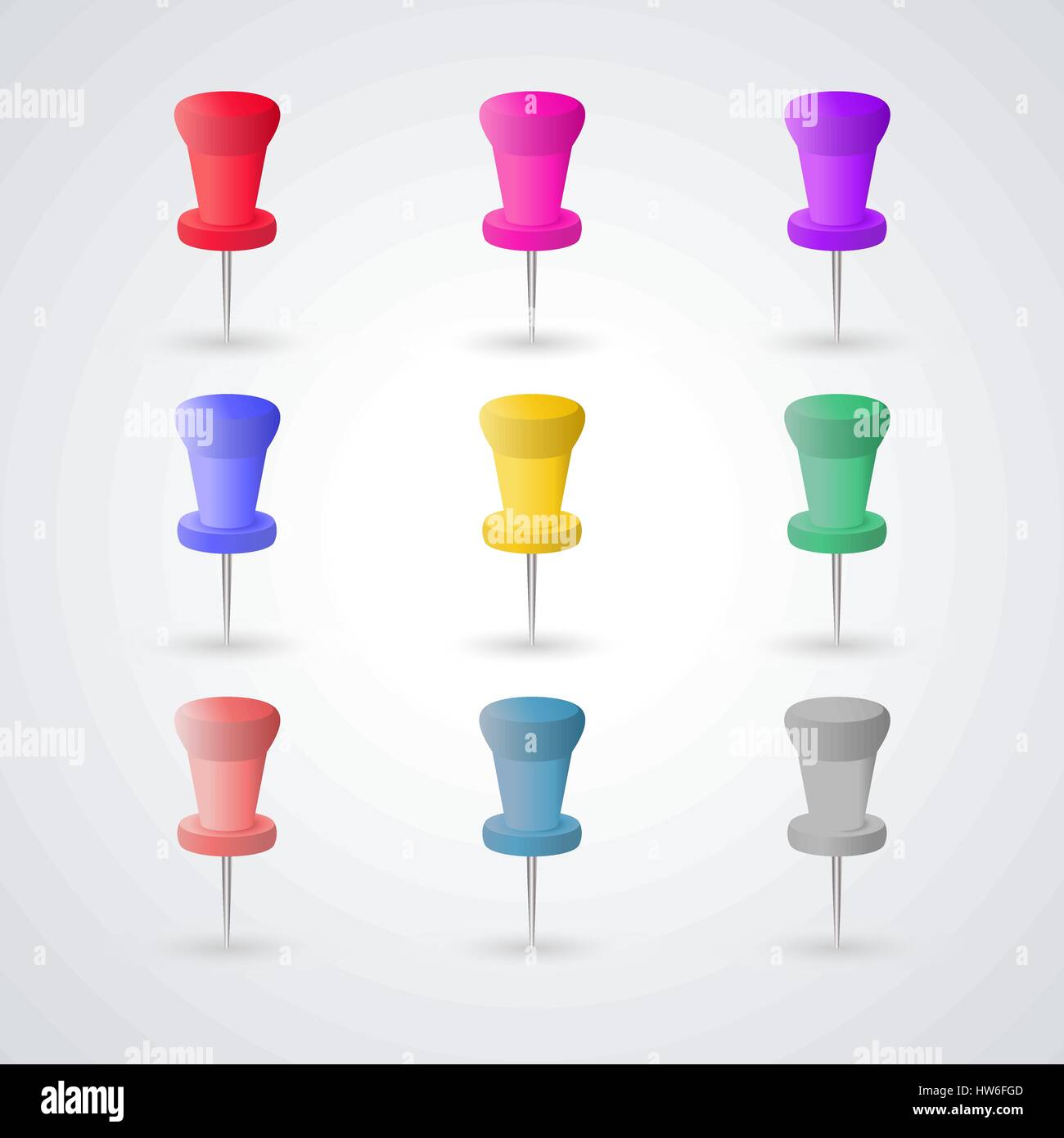 Set of nine colored pushpins with shadow and 3D effect, isolated on ...
