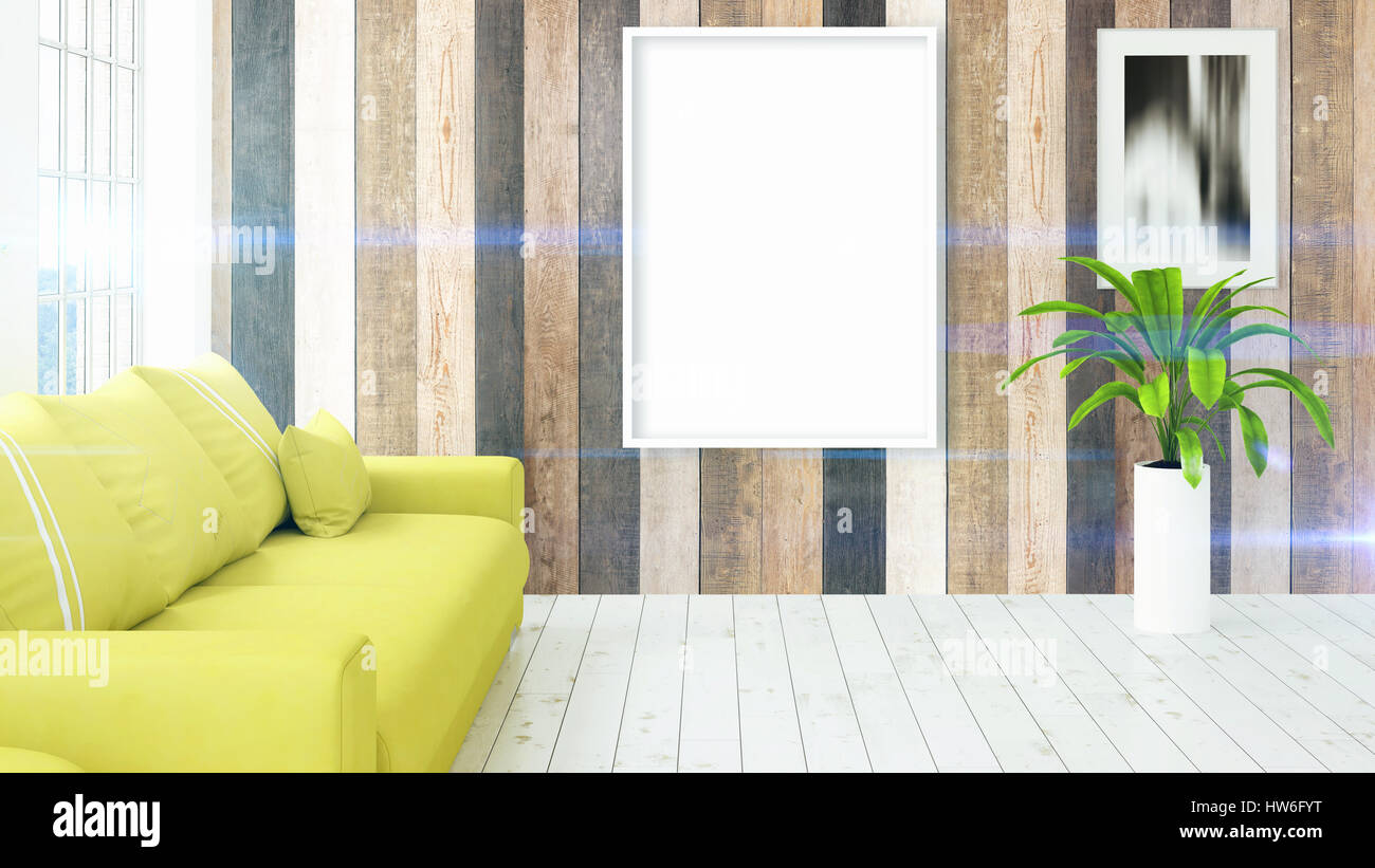 Modern bright interior with empty frame . 3D rendering Stock Photo - Alamy