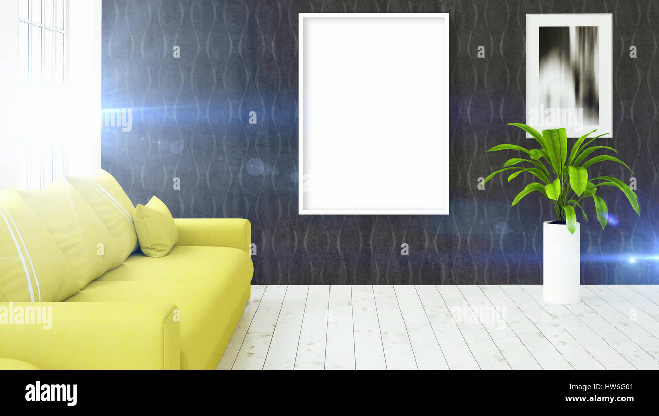 Modern bright interior with empty frame . 3D rendering Stock Photo - Alamy