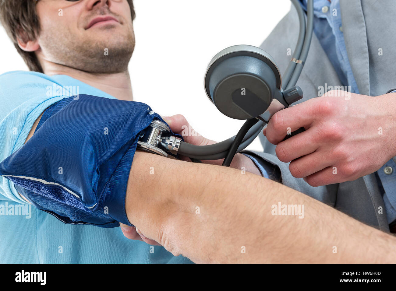 Close Up Of A Doctor Checking Blood Pressure Of A Patient on white ...