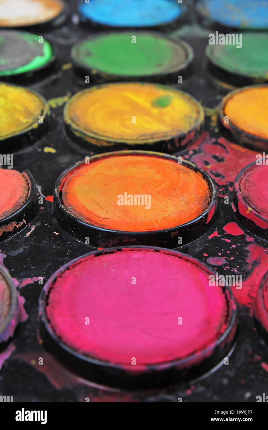 Watercolor used paint palette. Used palette can illustrate creative art ...