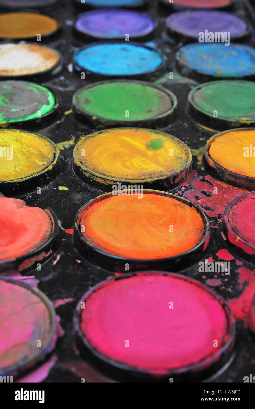 Watercolor used paint palette. Used palette can illustrate creative art ...