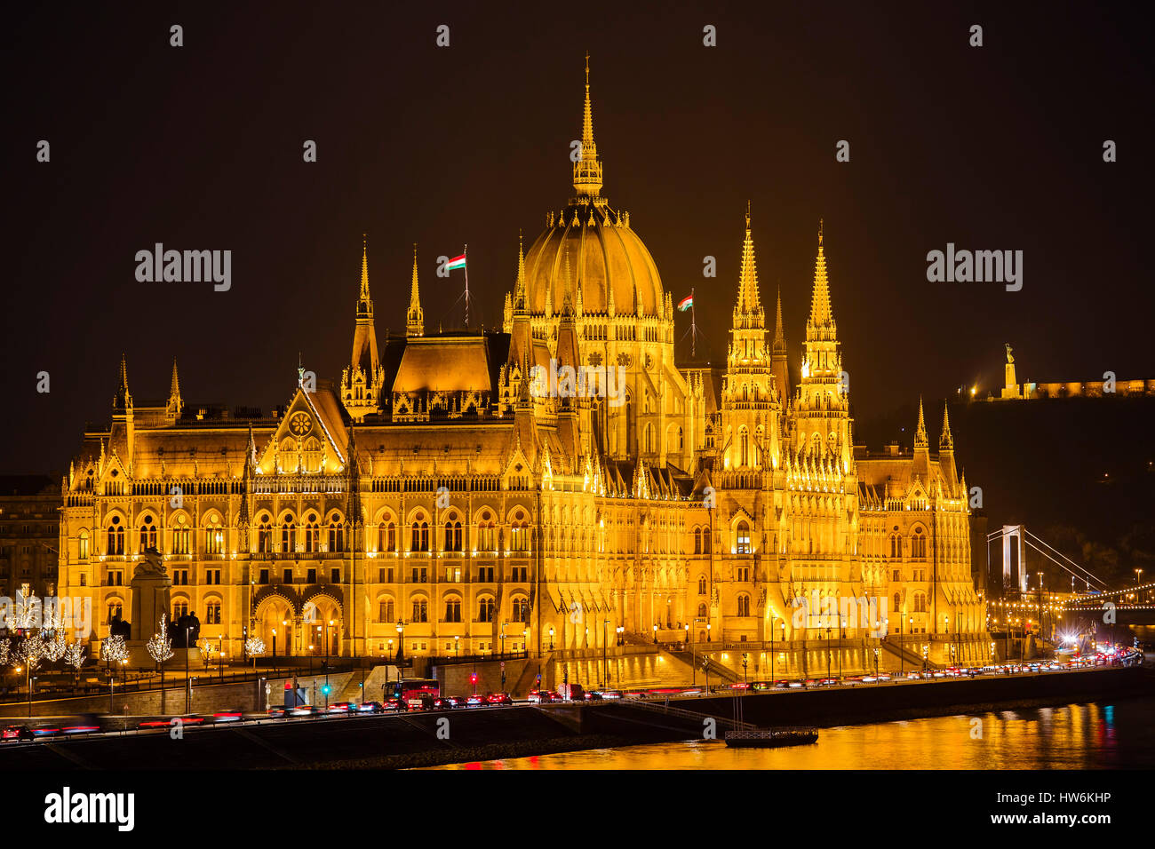 Hungarian Parlament building at night, Neogothic Style, National Assembly. Banks of Danube river ...