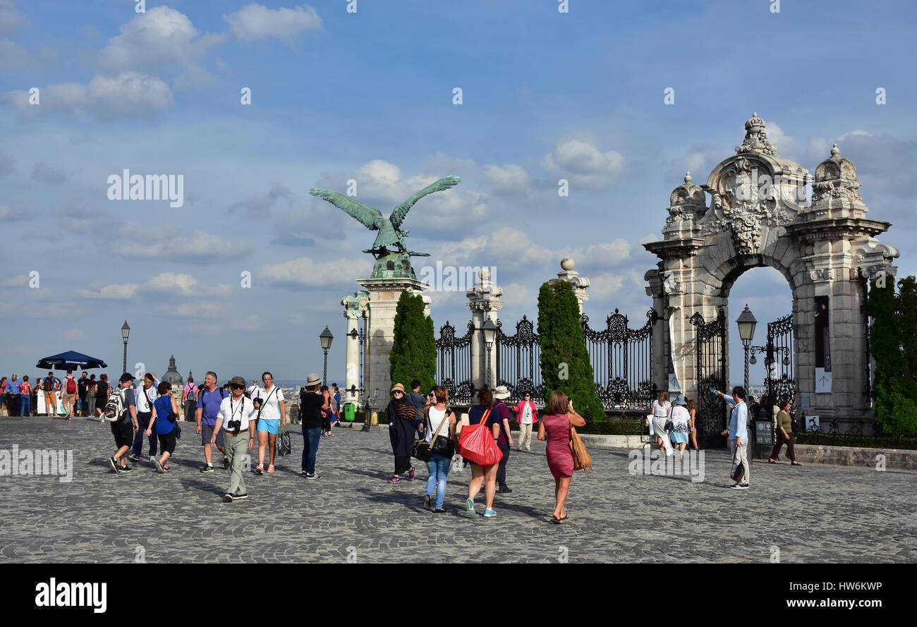 Tourists at the entrance of Buda Castle (Royal Palace) with Turul ...