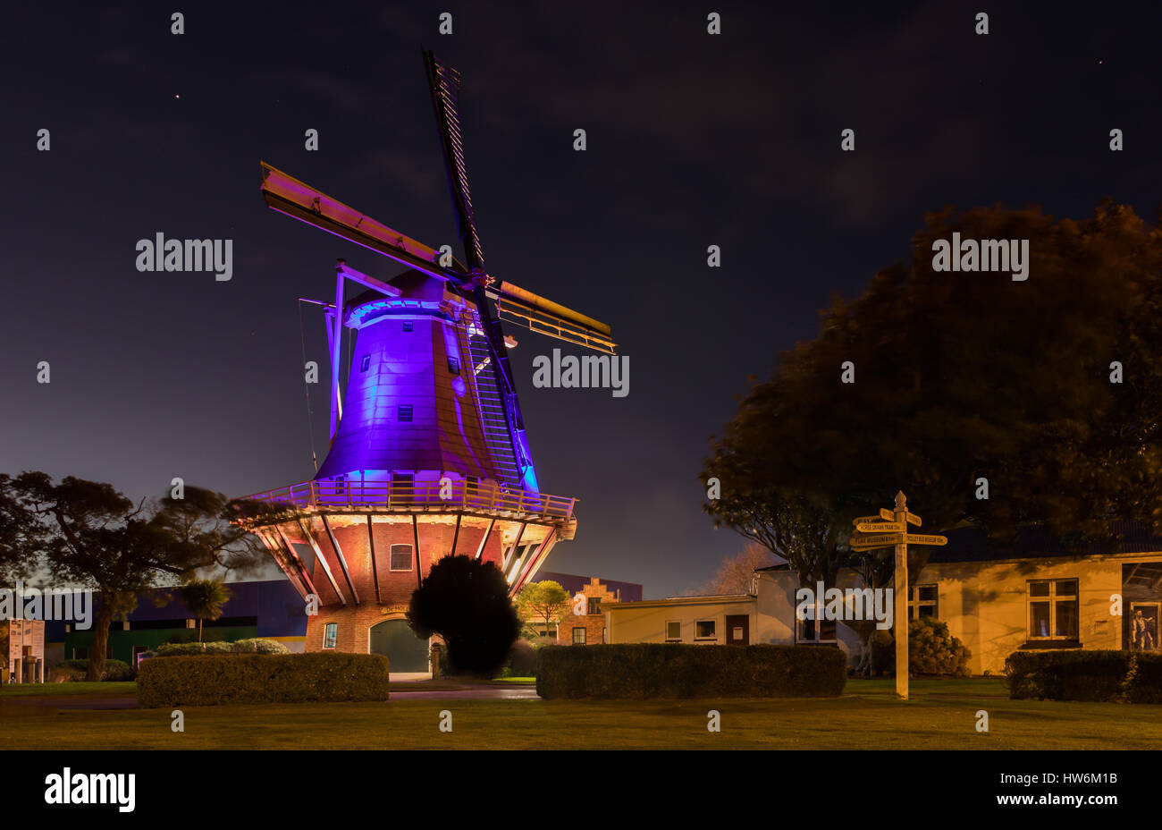 De Molen windmill of Foxton, New Zealand with it's night color lights ...
