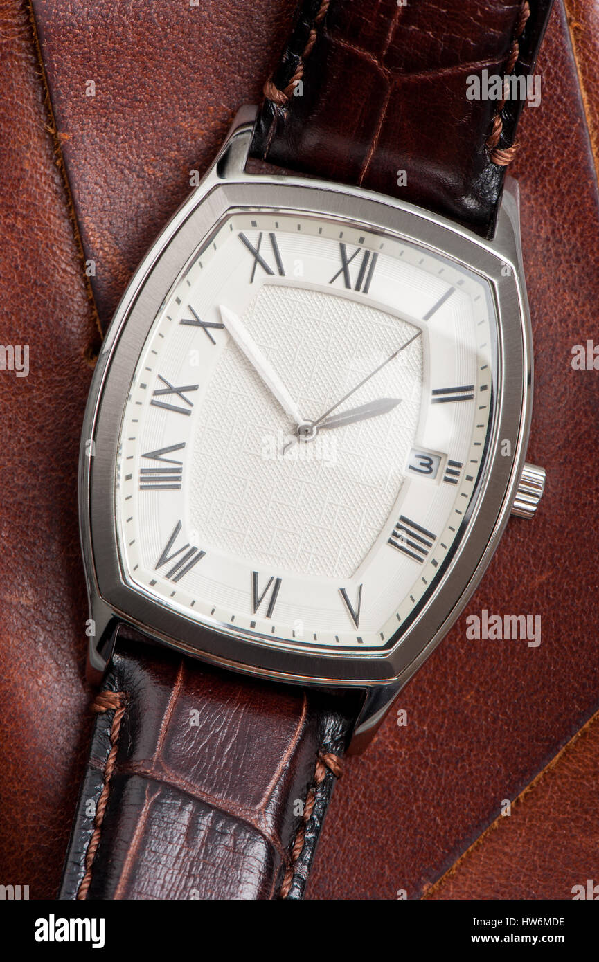 vintage style of luxury men watch with stainless case and leather strap ...