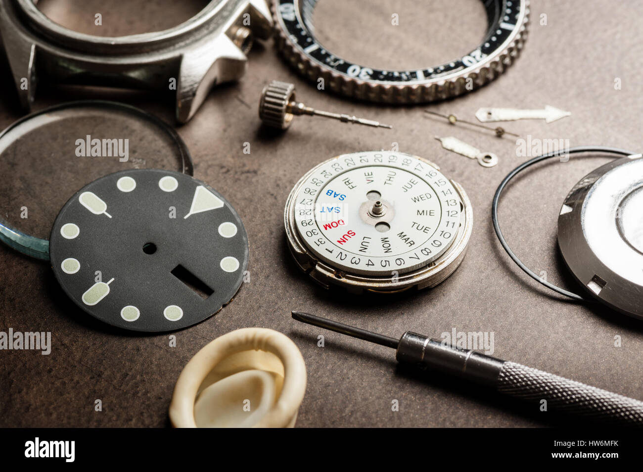 closeup the parts of automatic wristwatch, watch reparing concept Stock ...