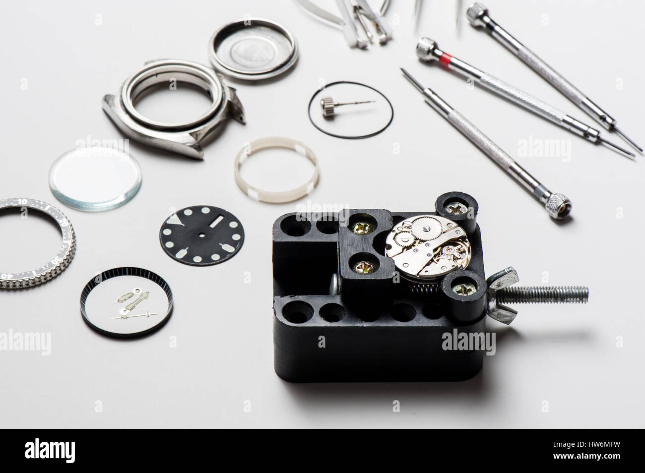 closeup the parts of automatic wristwatch, watch reparing concept Stock ...