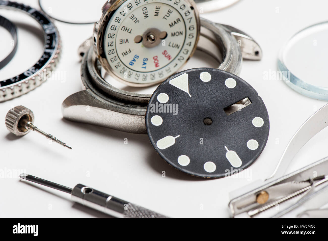 closeup the parts of automatic wristwatch, watch reparing concept Stock ...