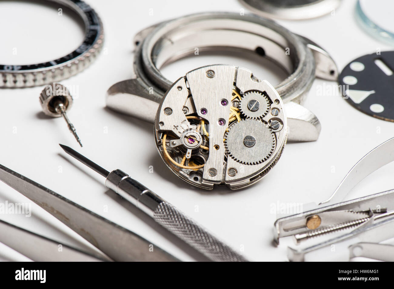 closeup the parts of automatic wristwatch, watch reparing concept Stock ...