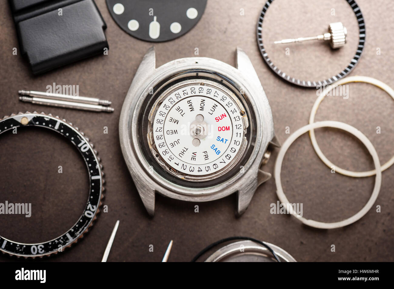 closeup the parts of automatic wristwatch, watch reparing concept Stock ...