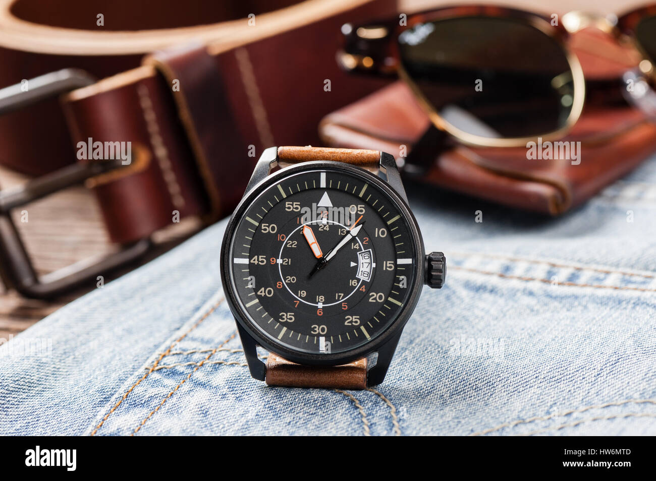 military style watch with brown leather strap Stock Photo - Alamy