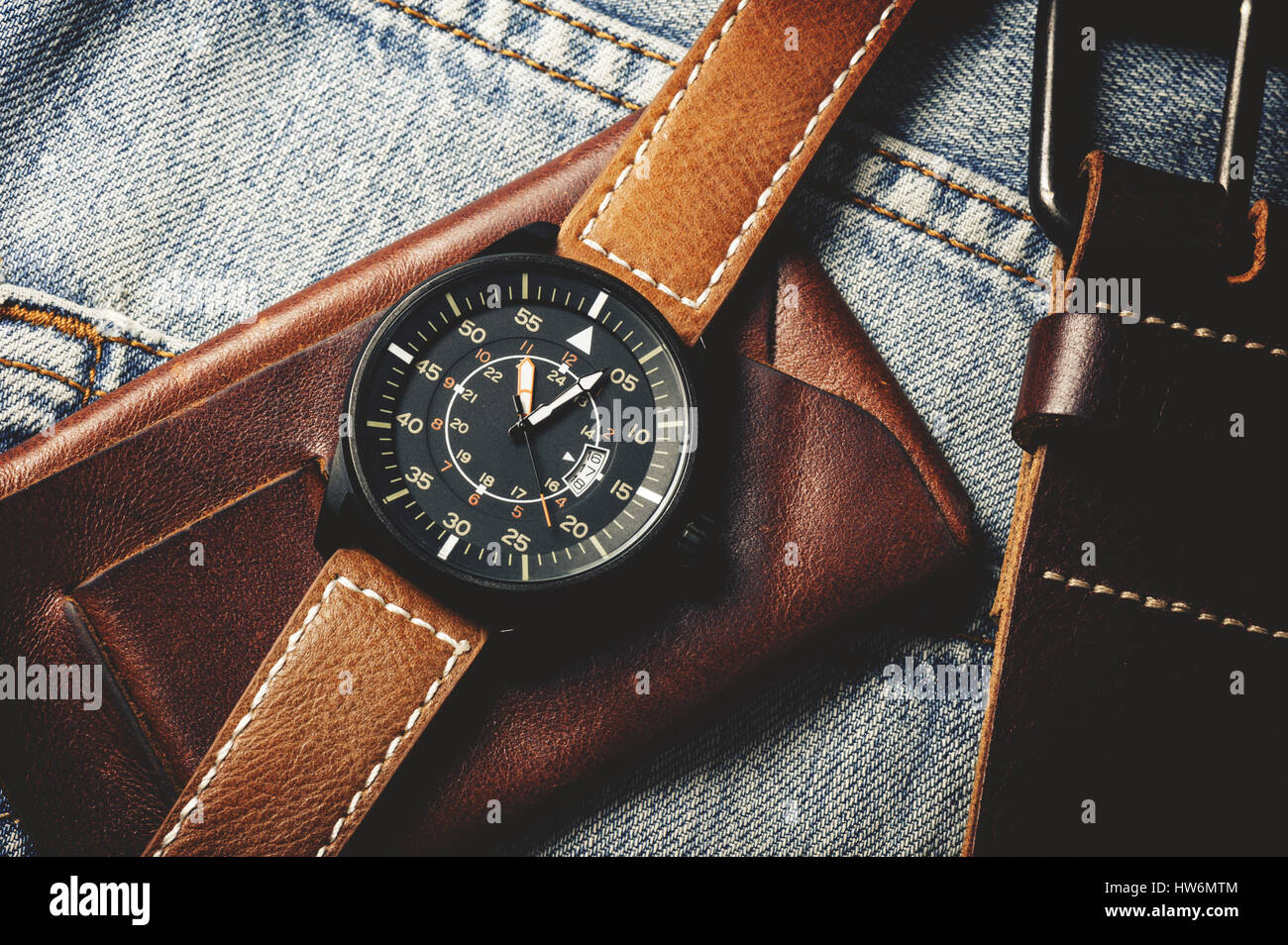 military style watch with brown leather strap Stock Photo - Alamy