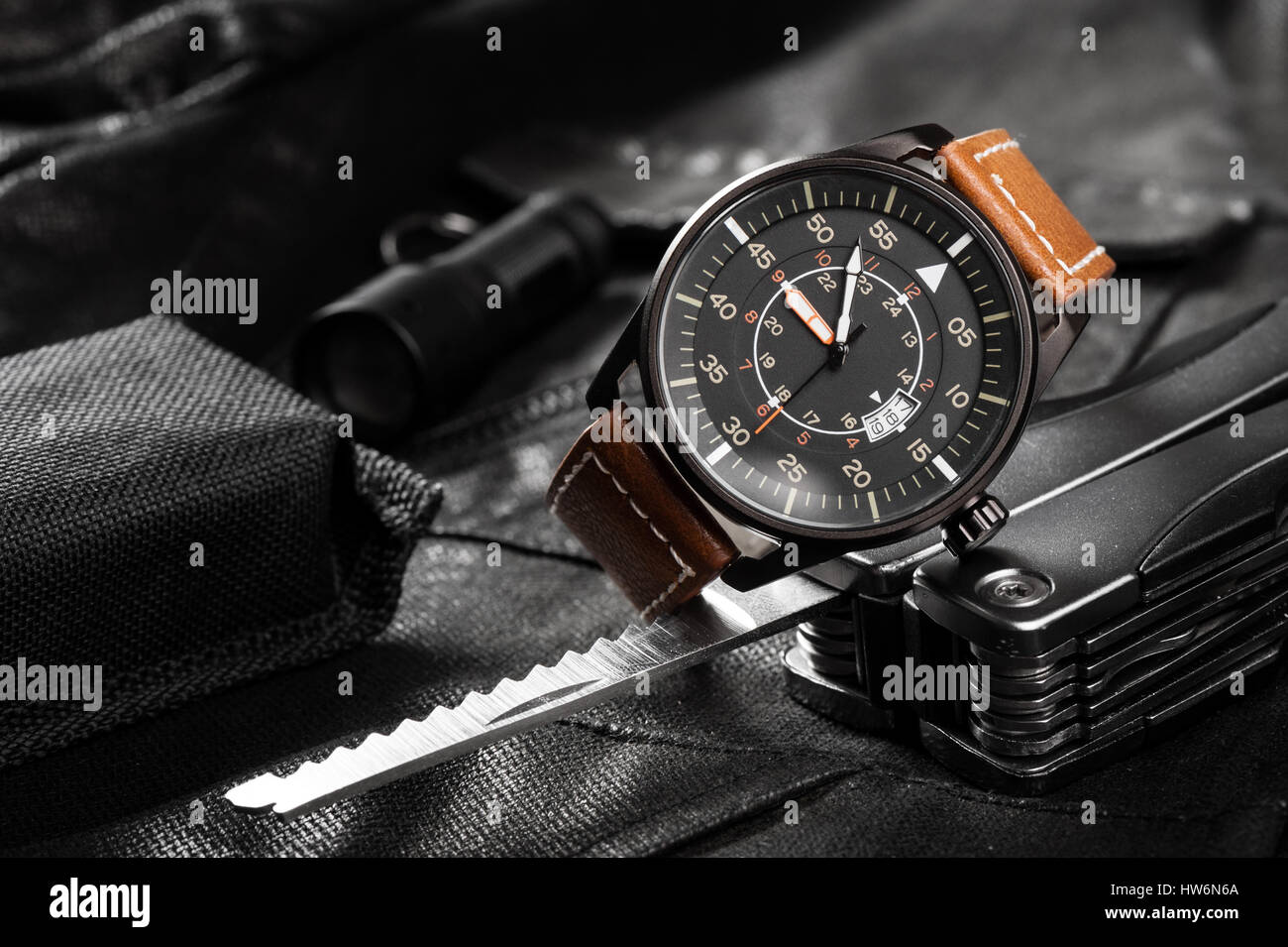 military style watch with brown leather strap Stock Photo - Alamy