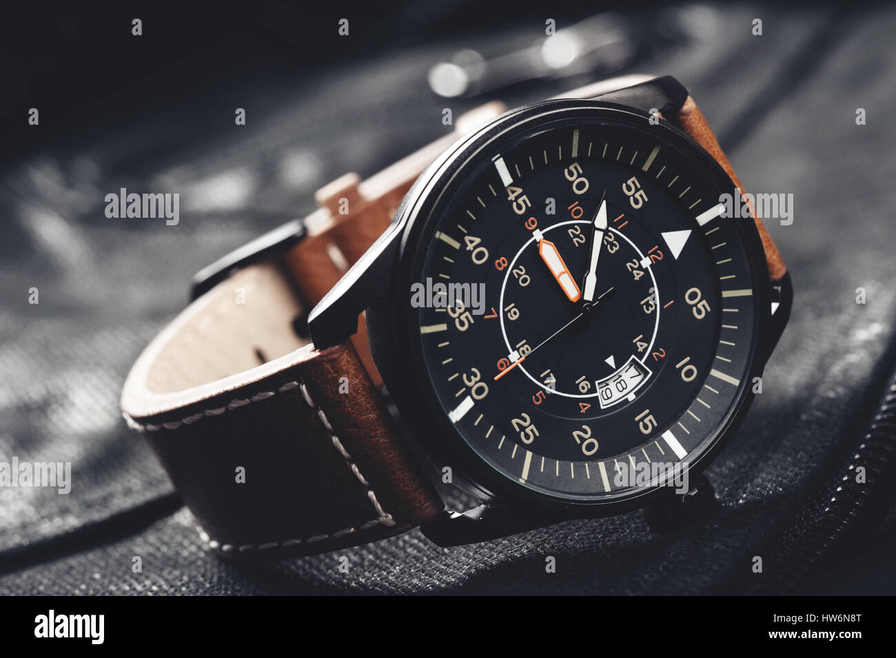 military style watch with brown leather strap Stock Photo - Alamy