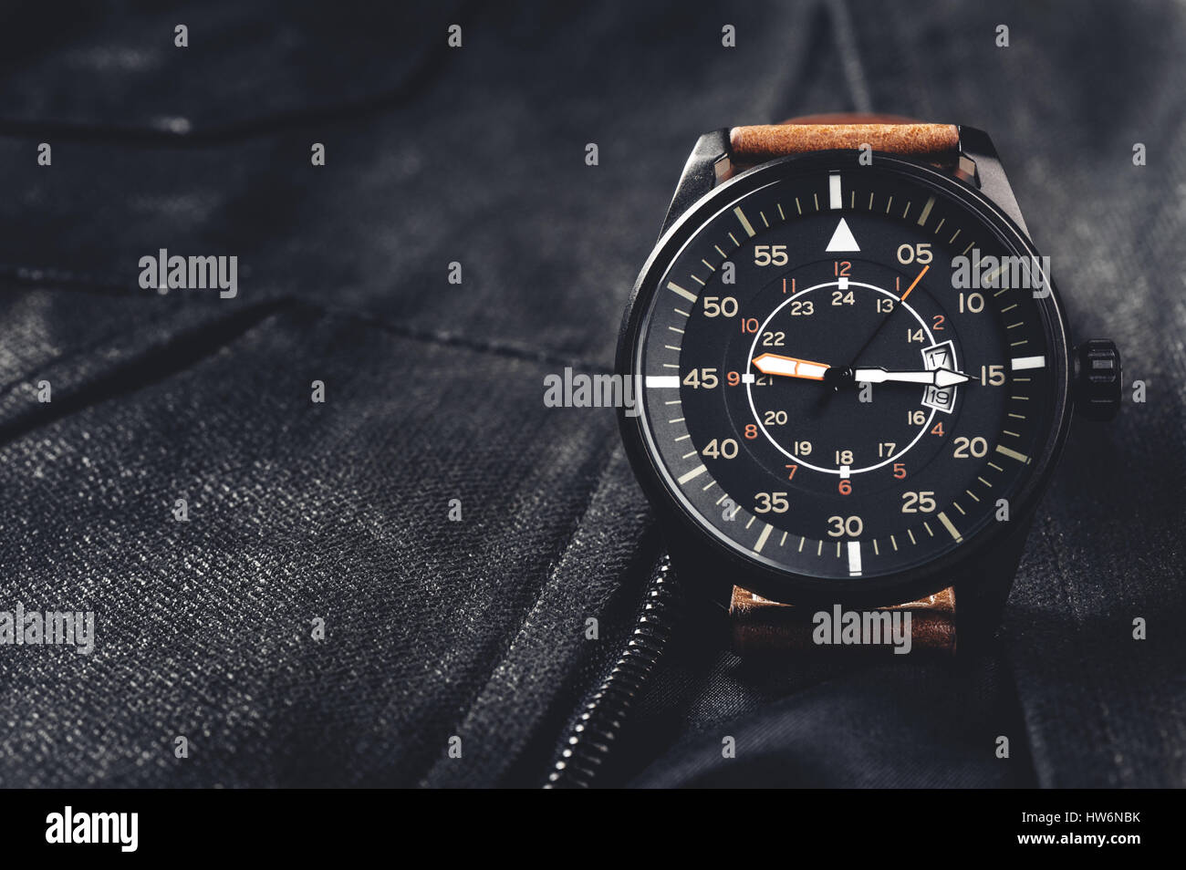 military style watch with brown leather strap Stock Photo - Alamy